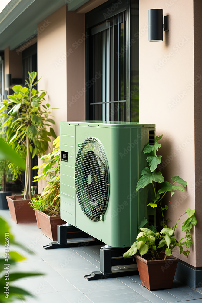 Heat pump installed in a residential building. Clean and green energy ...