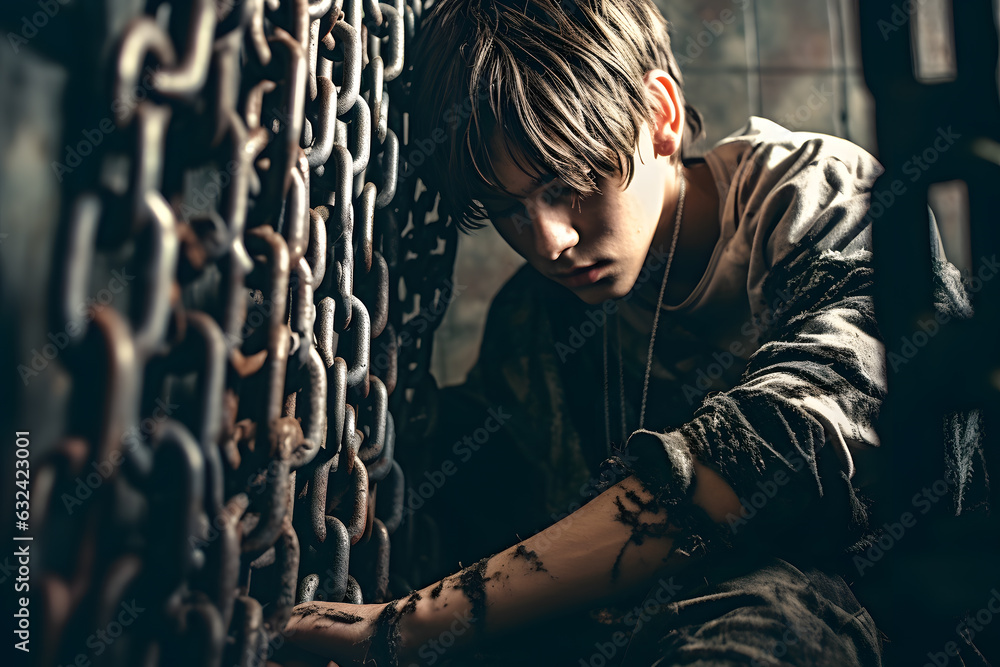 Male teenager in a cell wearing ragged dirty prison uniform chained side view Stock Photo ...