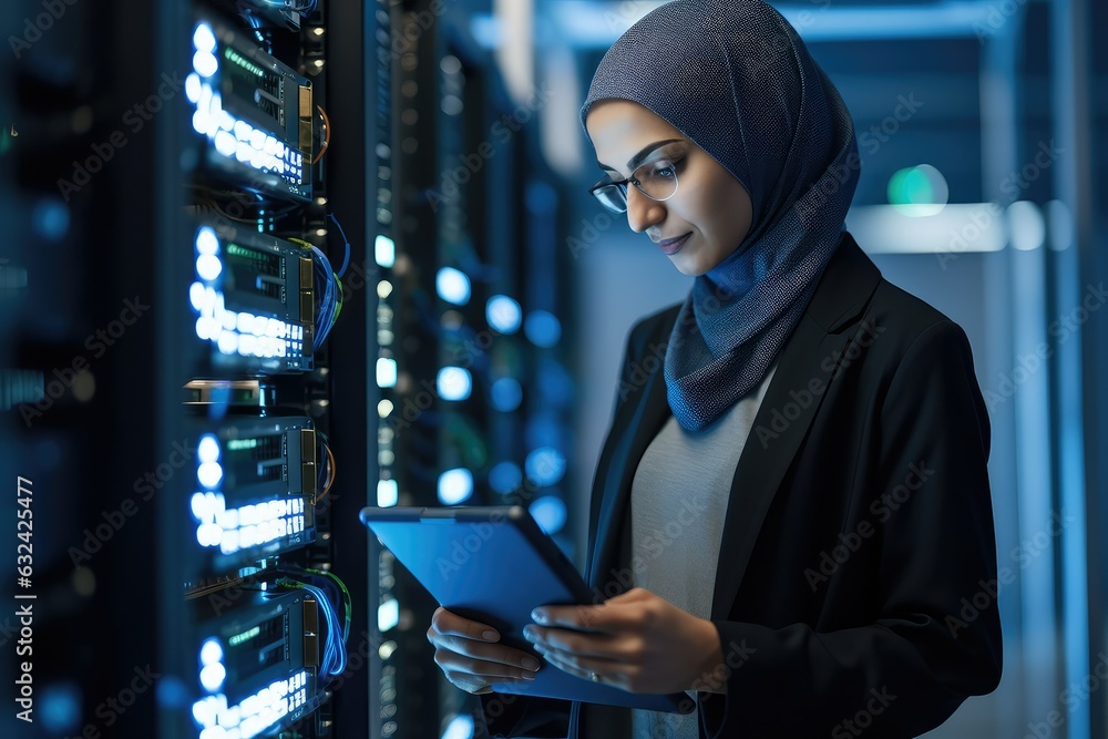 Hijabi Data cloud engineer looking at her tablet in server room, Women ...