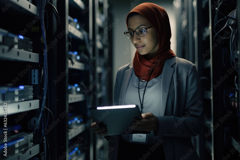 Hijabi Data cloud engineer looking at her tablet in server room, Women ...