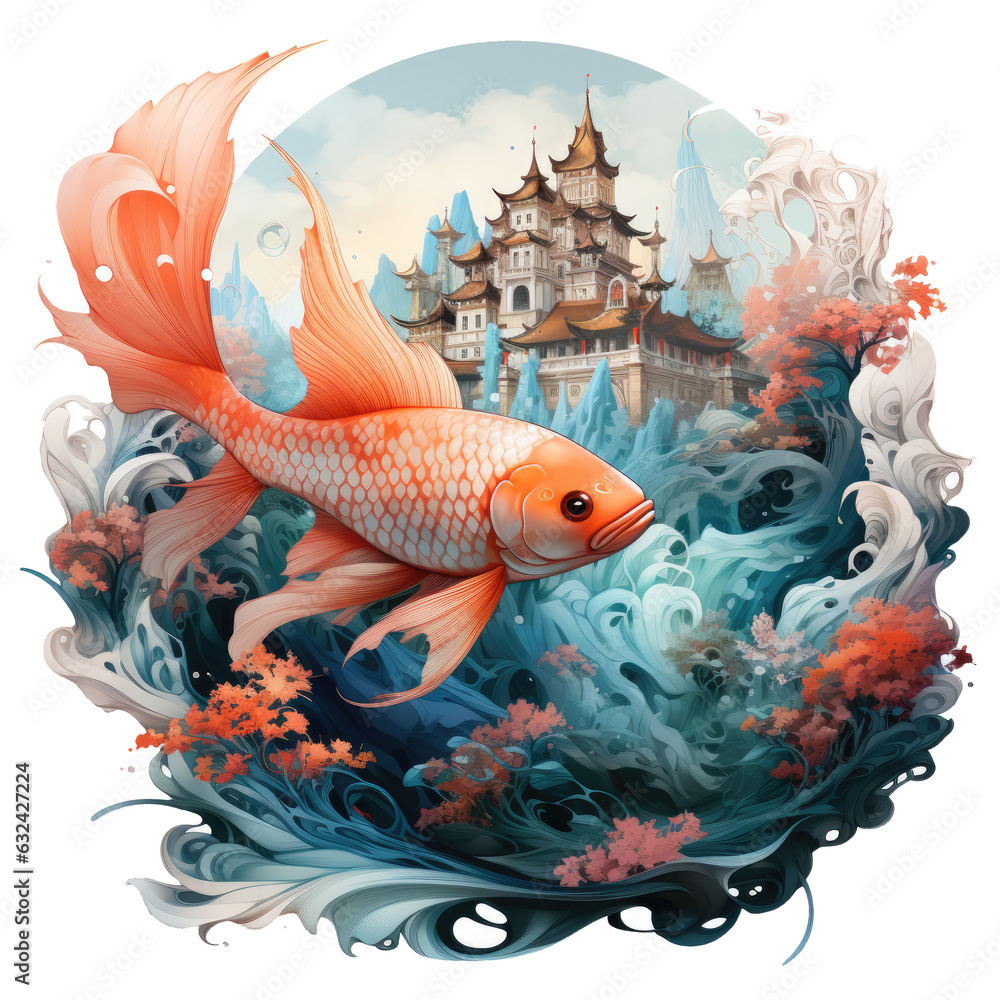 An underwater fantasy castle betta fish t-shirt design, showcasing a ...