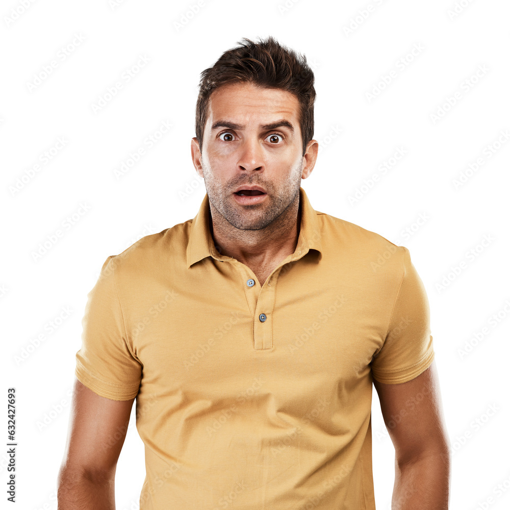 Portrait, shocked and scared face for man with anxiety, alarm and worry ...