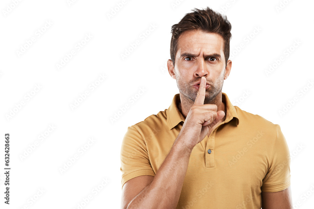 Angry man, face and finger on lips for secret, warning and confidential ...