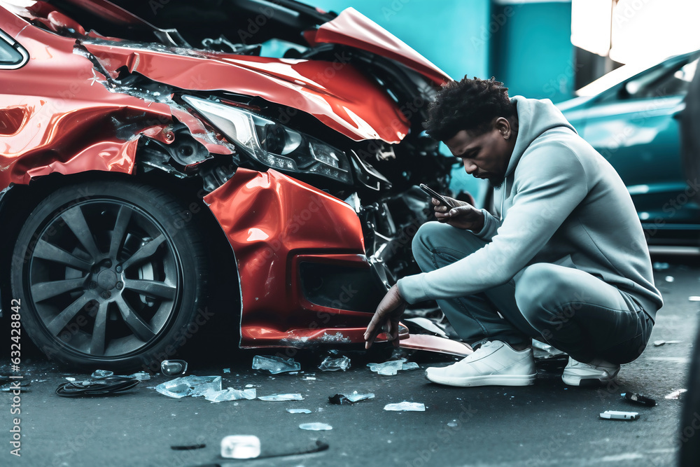 Young black man driver in car accident and holding his head near broken ...