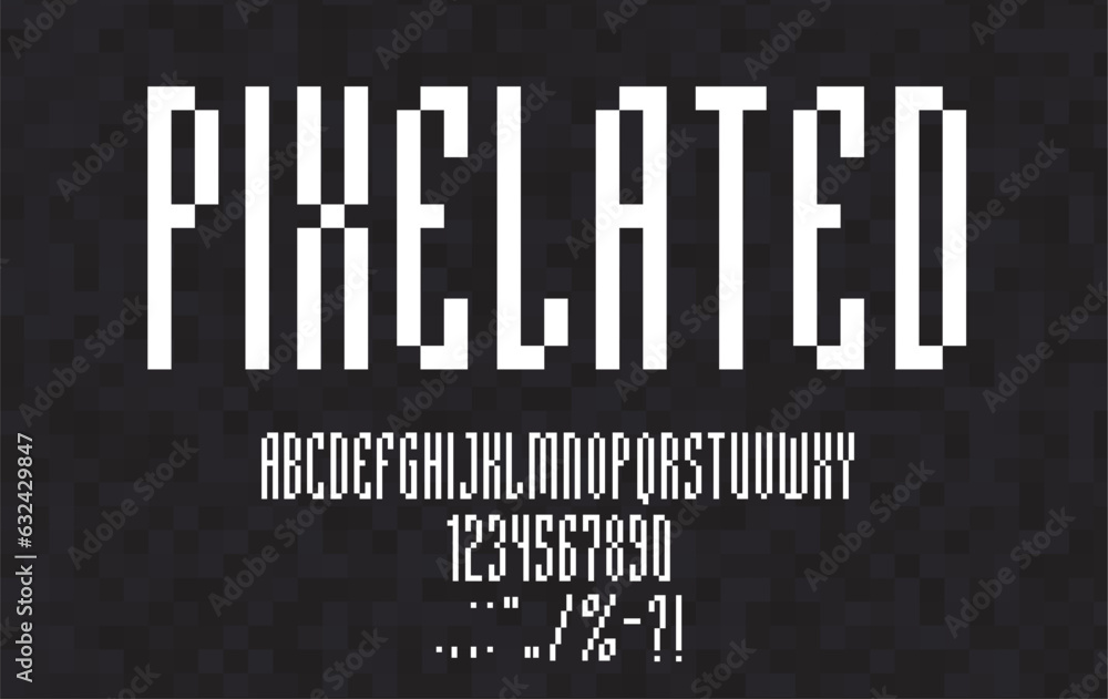 Pixel font, 8 bit geometric alphabet, digital typeface, binary type ...