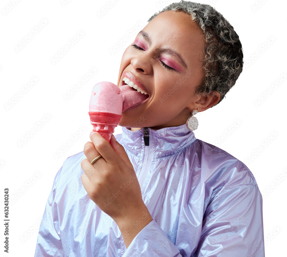 Ice cream, fashion and woman with smile, eating and model isolated on a ...