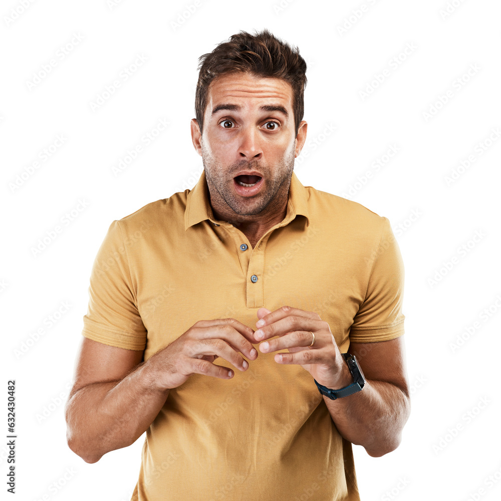 Portrait, anxiety and scared face for man with fear, worry and alarm ...