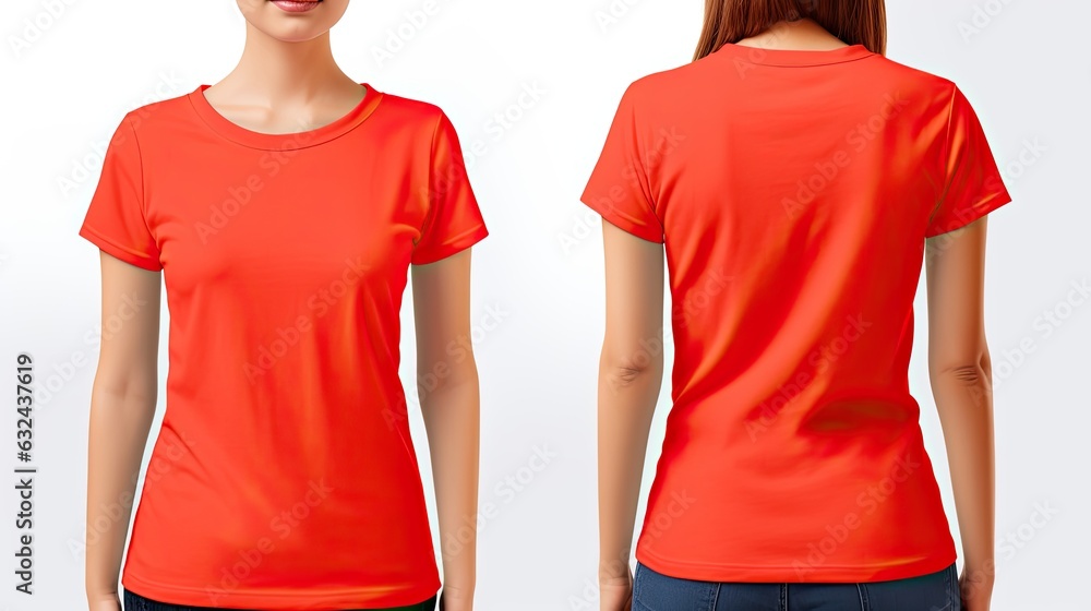 Woman in T-shirt front and half turn side back view isolated white ...