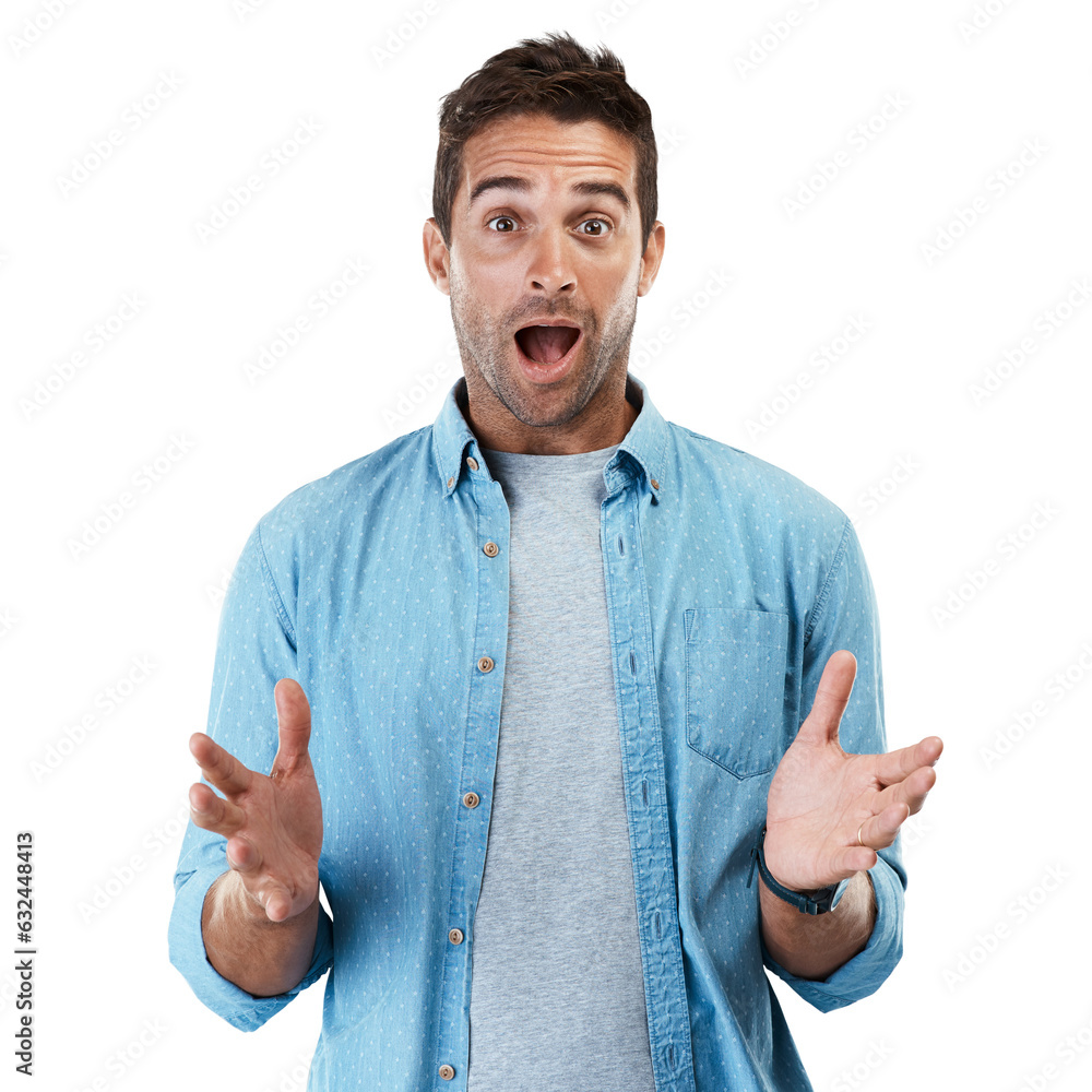 Portrait, surprise and man with wow, achievement and model isolated on ...