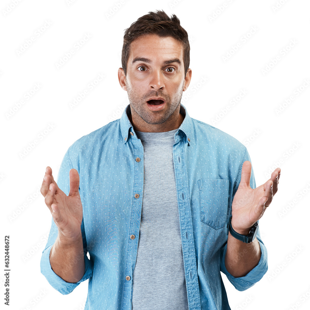 Portrait, surprise and man with announcement, wow and model isolated on ...