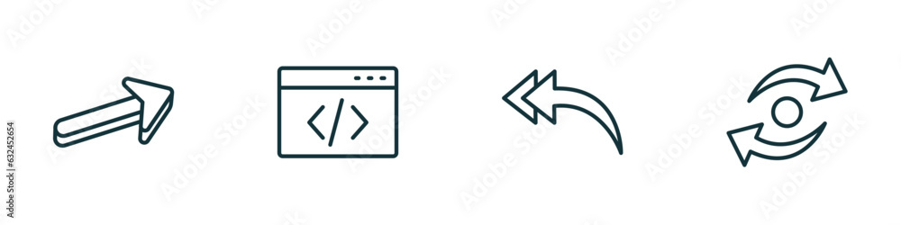 set of 4 linear icons from user interface concept. outline icons included 3d forward arrow, data ...