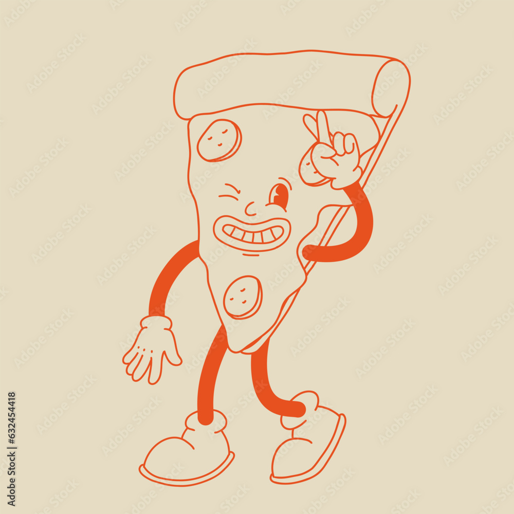 Vector cartoon retro mascot of pizza. Vintage style 30s, 40s, 50s old ...
