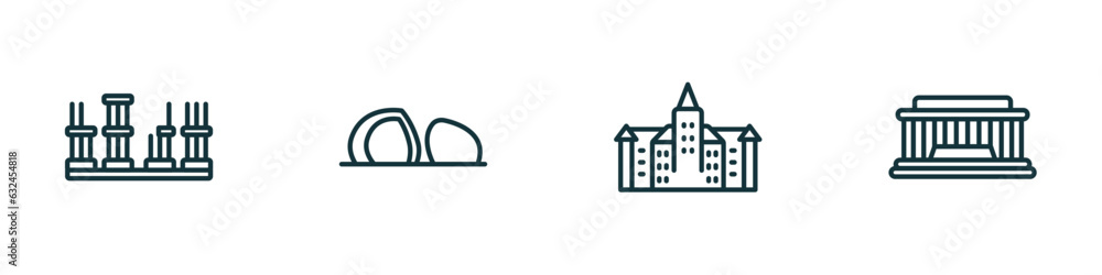 set of 4 linear icons from monuments concept. outline icons included roman theatre of merida, al ...