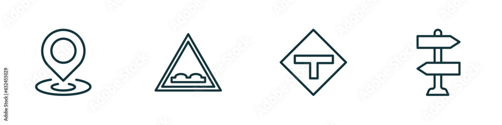 set of 4 linear icons from maps and flags concept. outline icons included maps mark, speed ...