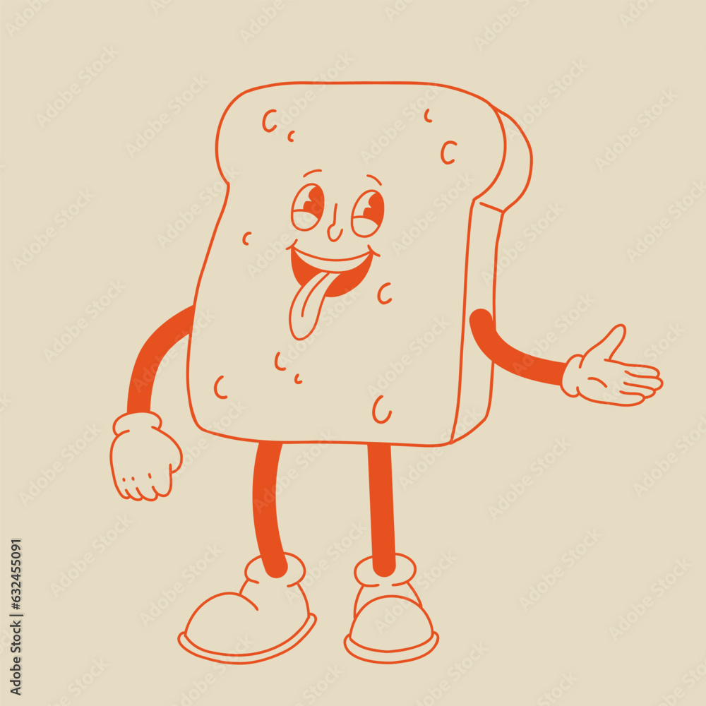 Vector cartoon retro mascot of slice of bread. Vintage style 30s, 40s ...