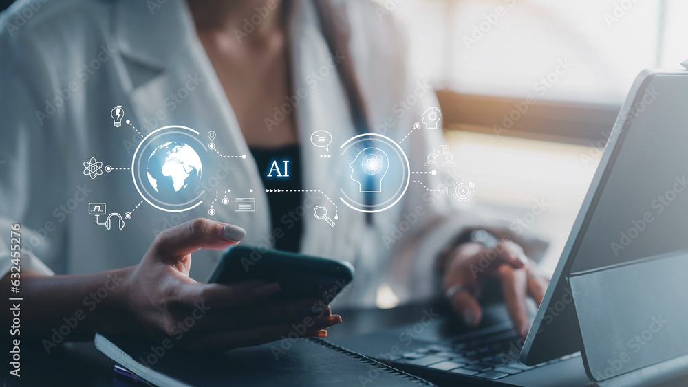 Woman using a phone with AI communicating and working around the world ...