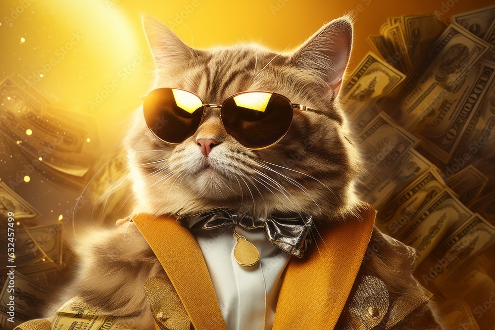 Cool rich successful hipster cat with sunglasses and cash money. Yellow ...