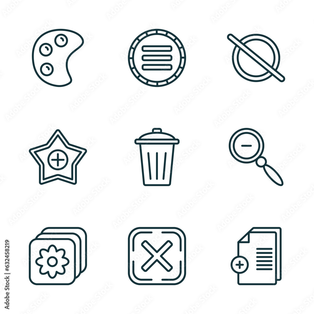 set of 9 linear icons from user interface concept. outline icons such as paint, side menu ...