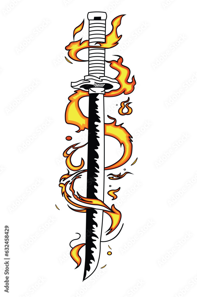 Vetor de Katana Fire flame sword Anime knife samurai Ronin Sword ...
