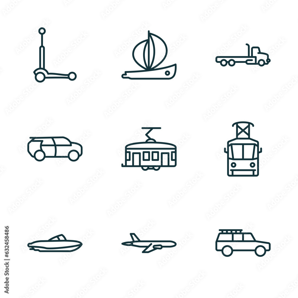 set of 9 linear icons from transportation concept. outline icons such as micro scooter, yawl ...