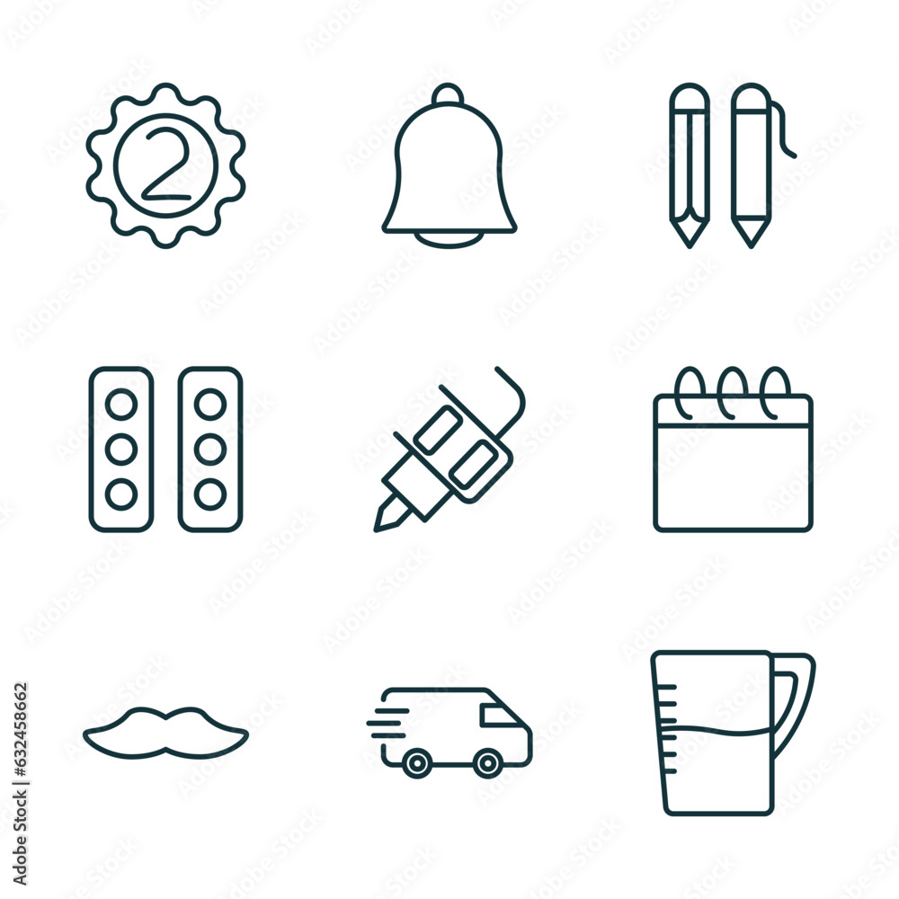 set of 9 linear icons from tools and utensils concept. outline icons such as second, hanging ...