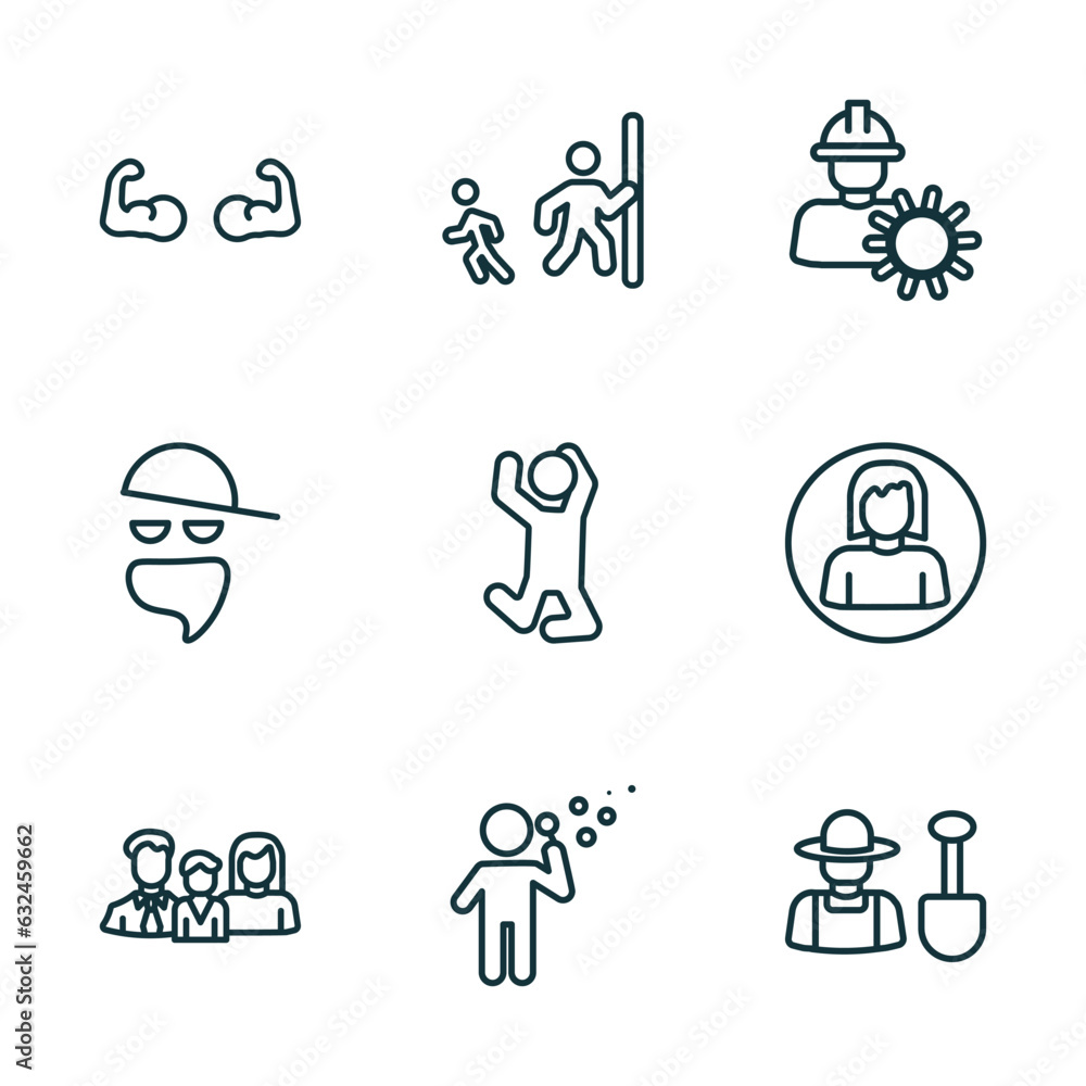 set of 9 linear icons from people concept. outline icons such as biceps ...