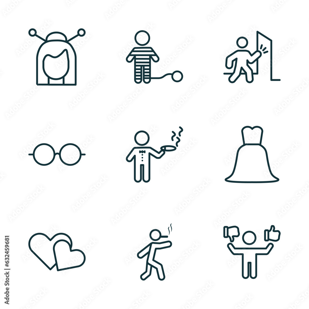 set of 9 linear icons from people concept. outline icons such as japanese geisha, war prisioner ...