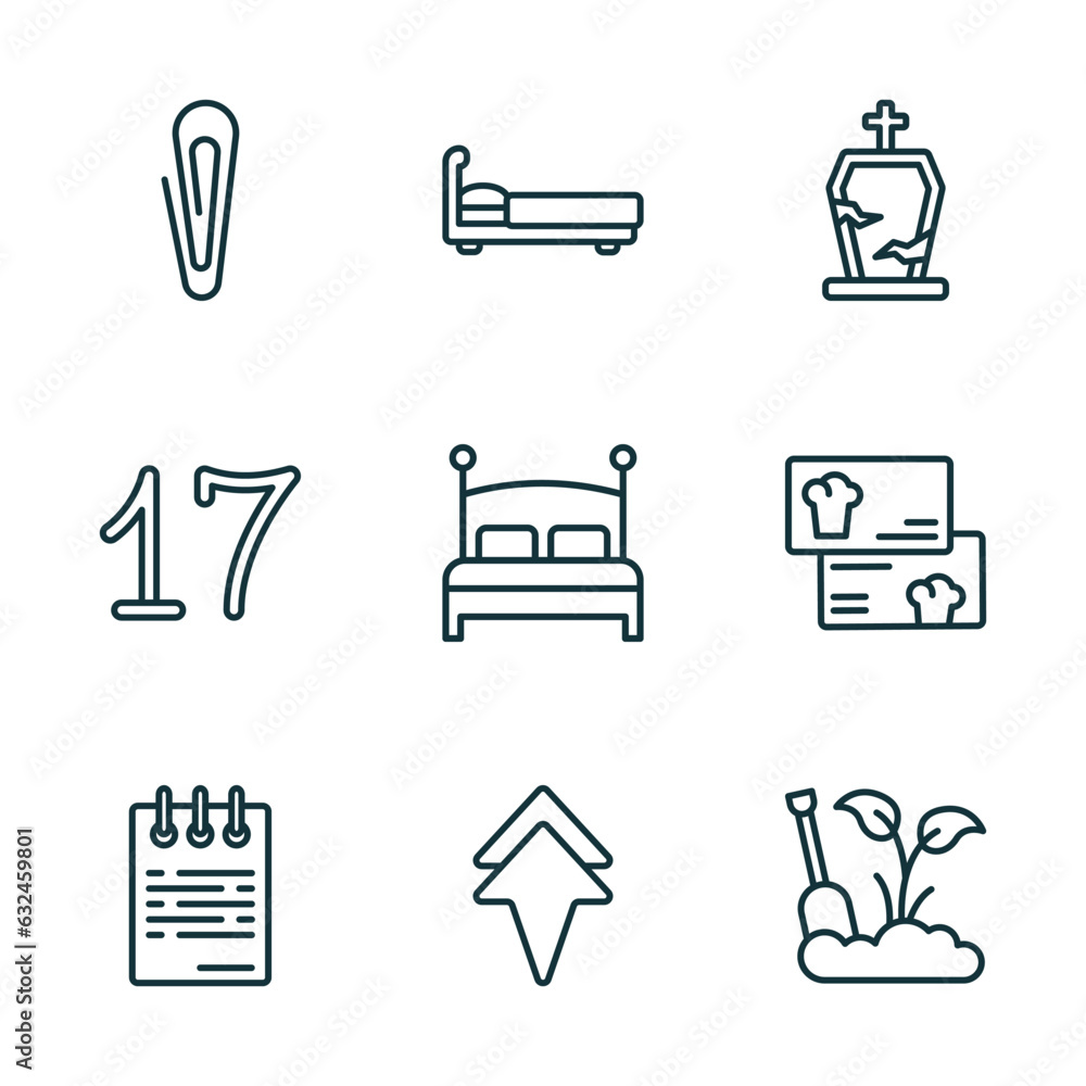 set of 9 linear icons from other concept. outline icons such as metal paper clip, sleeping bed ...