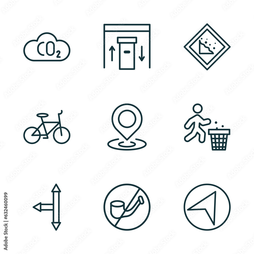 set of 9 linear icons from maps and flags concept. outline icons such as co2, inmigration check ...