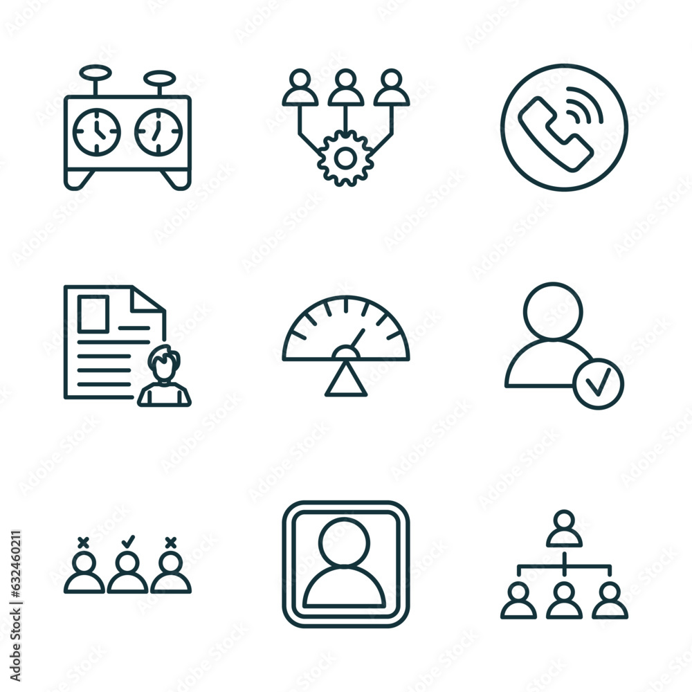 set of 9 linear icons from human resources concept. outline icons such as chess clock ...