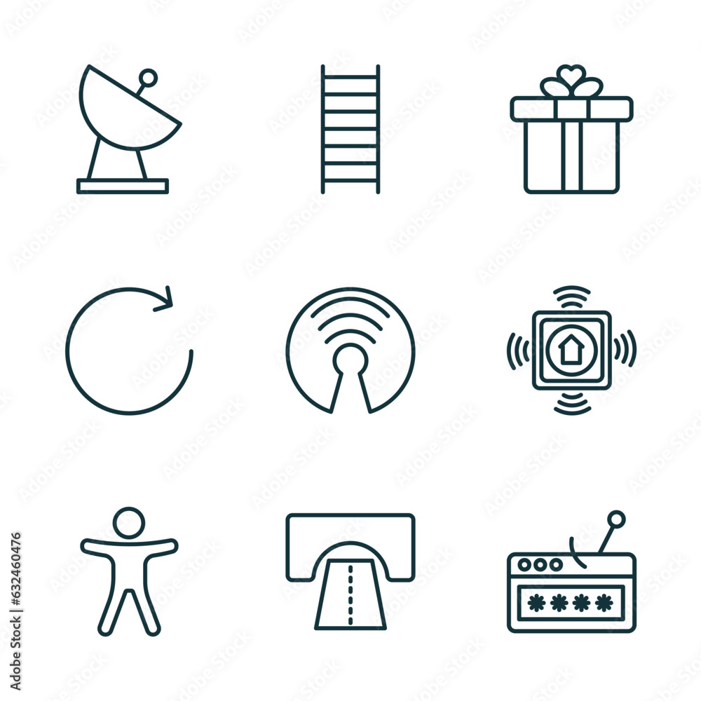 set of 9 linear icons from general concept. outline icons such as satellite antenna, stepladder ...