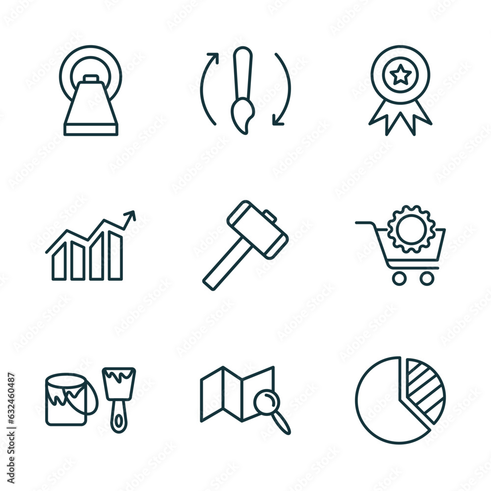 set of 9 linear icons from general concept. outline icons such as mri scanner, history brush ...