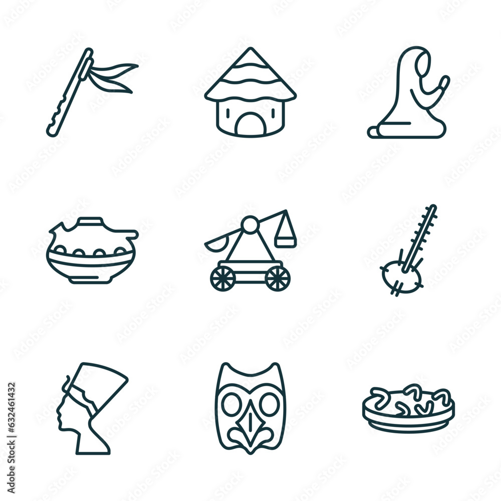 set of 9 linear icons from culture concept. outline icons such as native american flute, mud hut ...