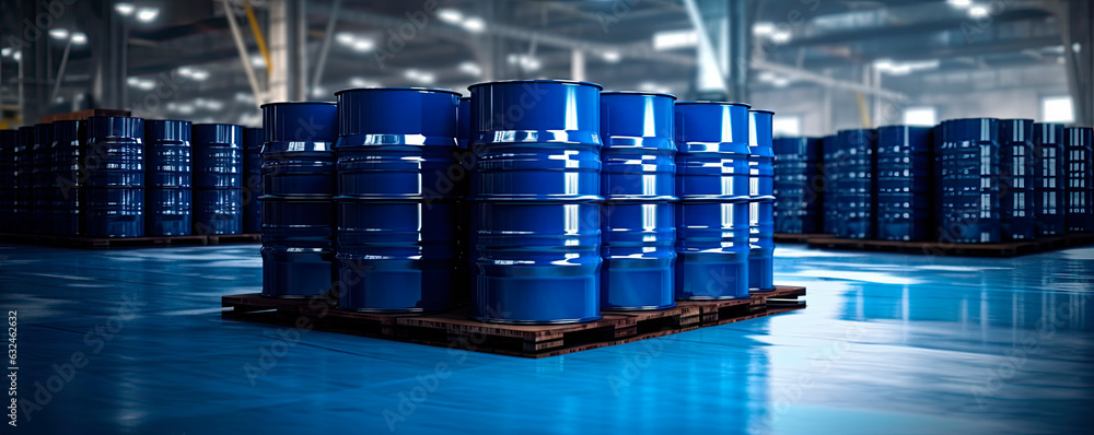 Blue barrel drum on the pallets contain liquid chemical in warehouse ...