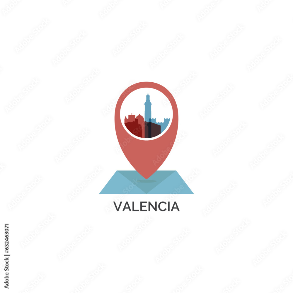 Spain Valencia city map pin point geolocation modern skyline shape ...