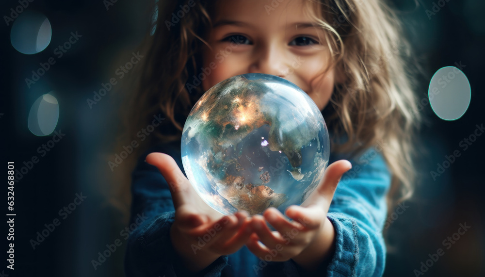 Girl holding crystal earth, Environment friendly. Saving the world from ...