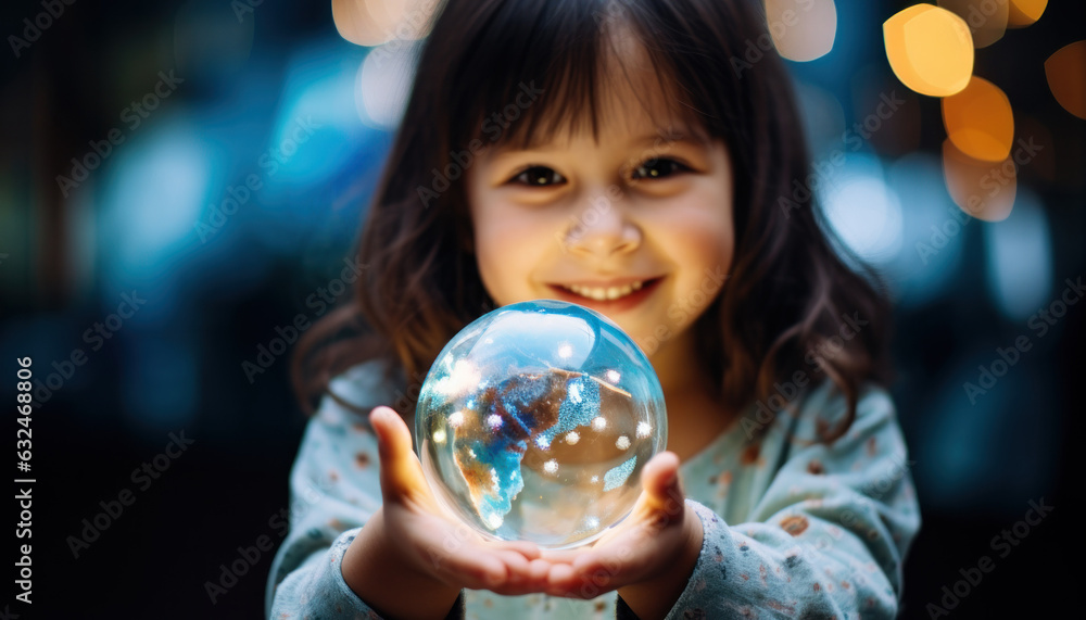 Girl holding crystal earth, Environment friendly. Saving the world from ...