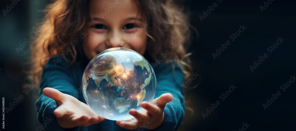 Girl holding crystal earth, Environment friendly. Saving the world from ...