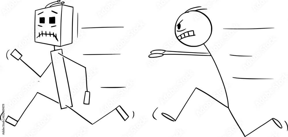 Mad Dangerous Person Chasing Robot, Vector Cartoon Stick Figure ...