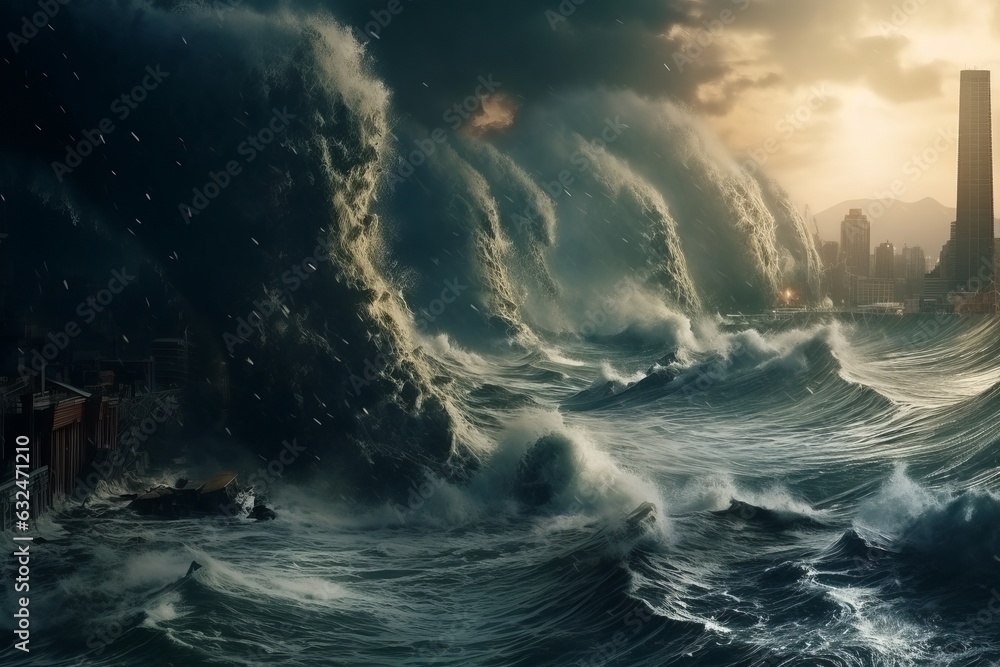Apocalyptic dramatic background - giant tsunami waves crashing small ...