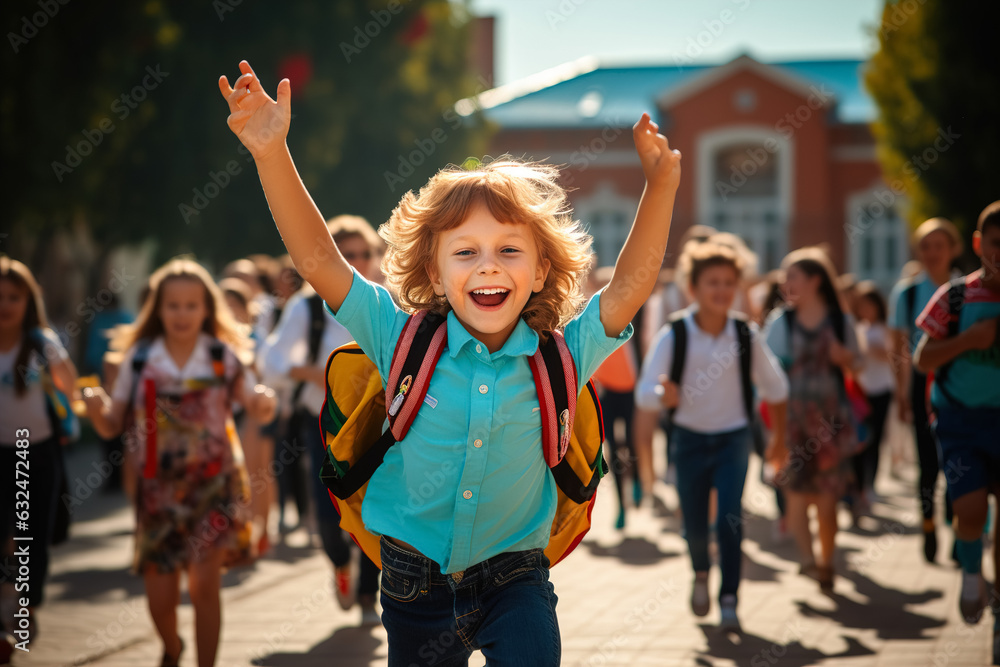 A smiling child going to school on the first day after the holidays ...