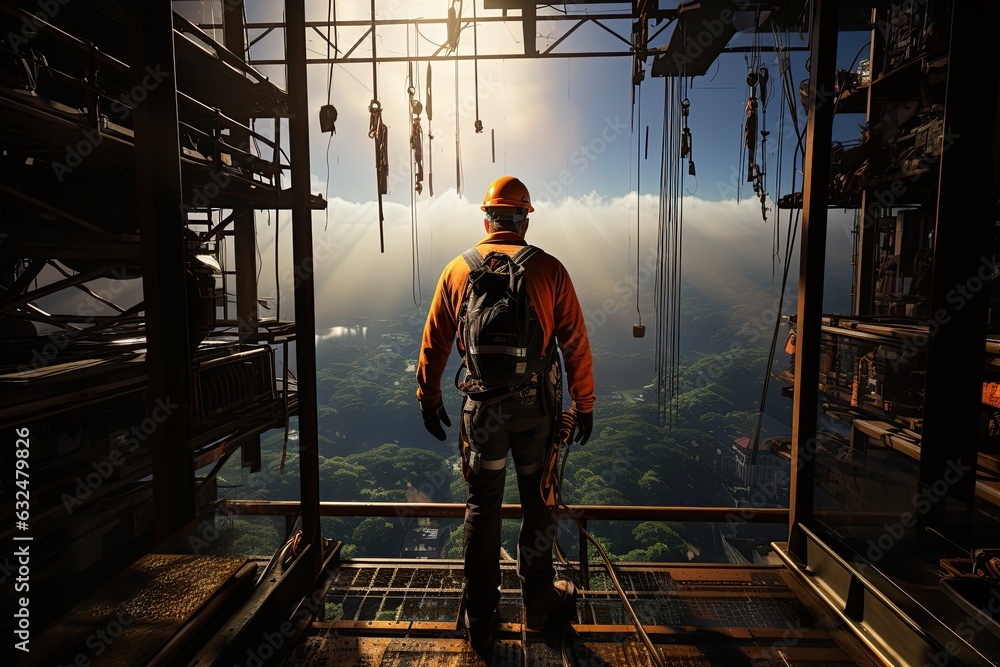 Construction work at height wearing safety harness, Rope access and ...