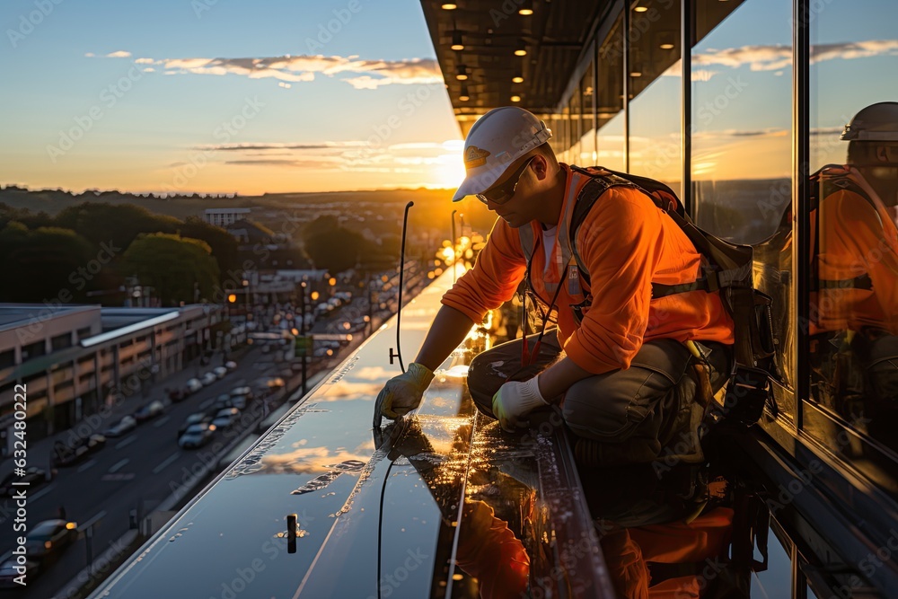 Workers cleaning high-rise windows, equipped with harnesses and hard ...