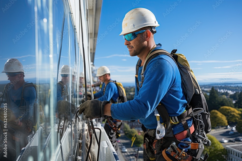 Workers cleaning high-rise windows, equipped with harnesses and hard ...