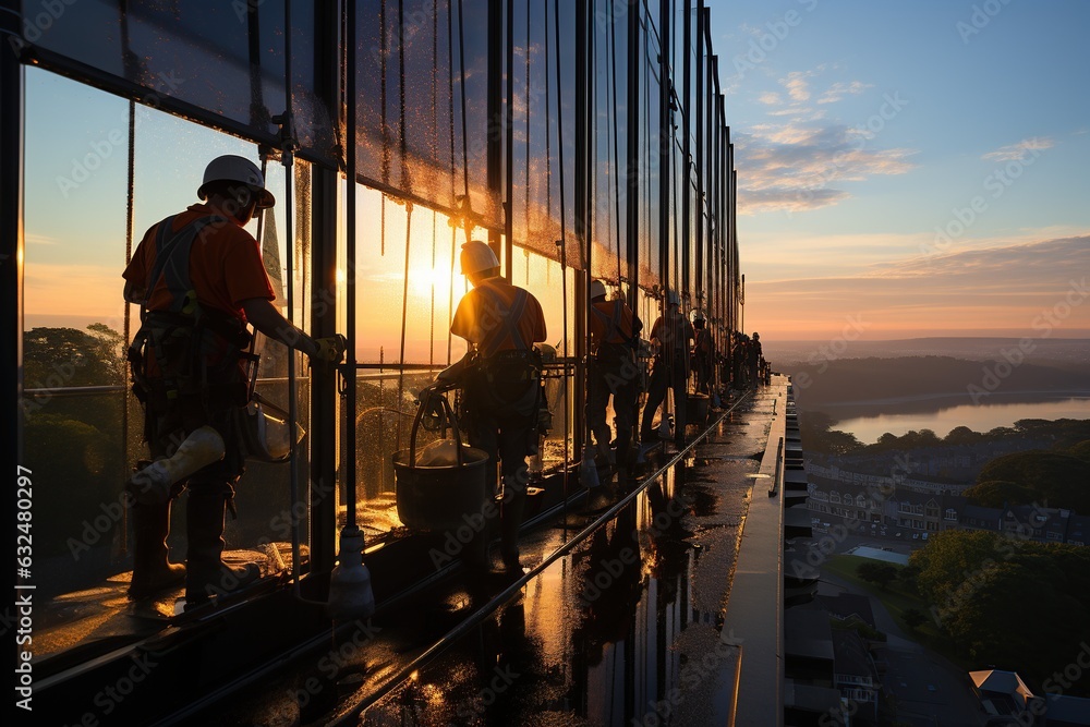 Workers cleaning high-rise windows, equipped with harnesses and hard ...