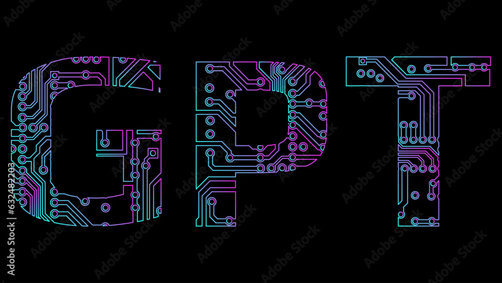GPT text outline from PCB tracks isolated on black background. Chat GPT ...