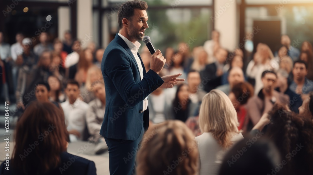 Wide shot of man giving a speech on stage during a seminar. Stock Photo | Adobe Stock