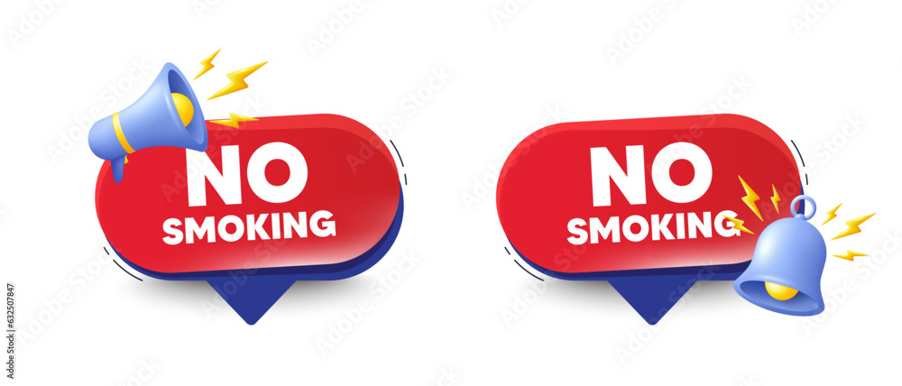 No smoking tag. Speech bubbles with 3d bell, megaphone. Stop smoke sign ...