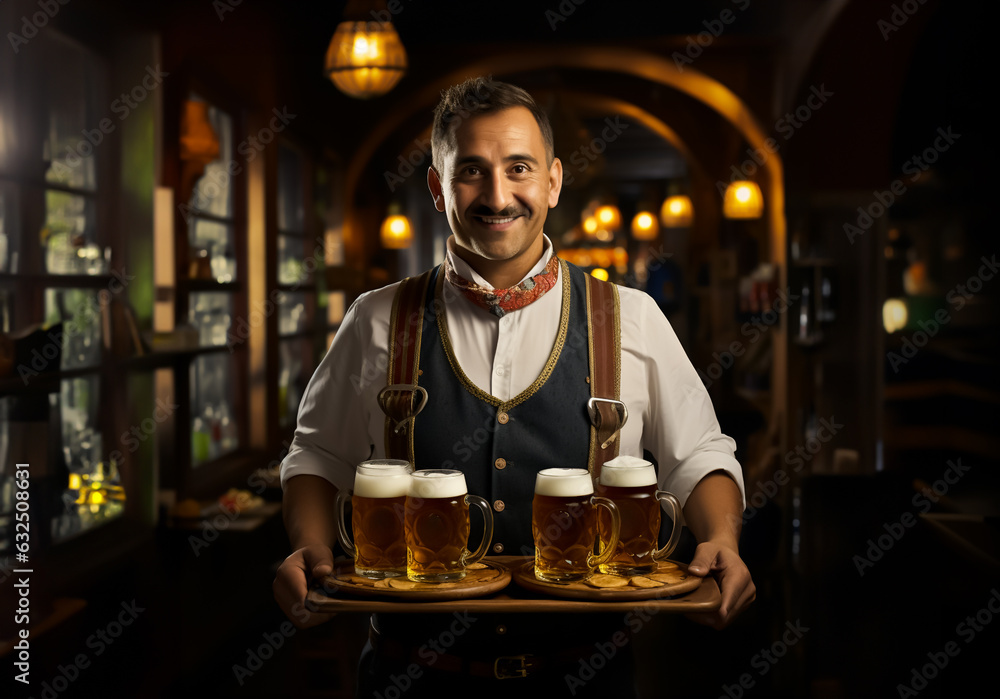 Waiter wearing lederhosen, and serving golden beer with white foam ...