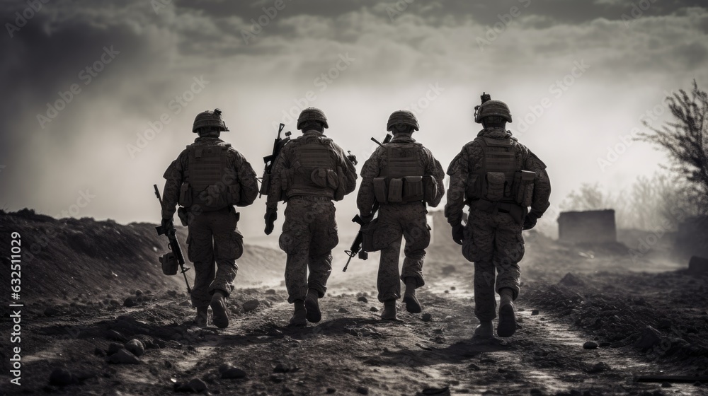 Among the ruins and destruction of a warzone, a group of soldiers ...